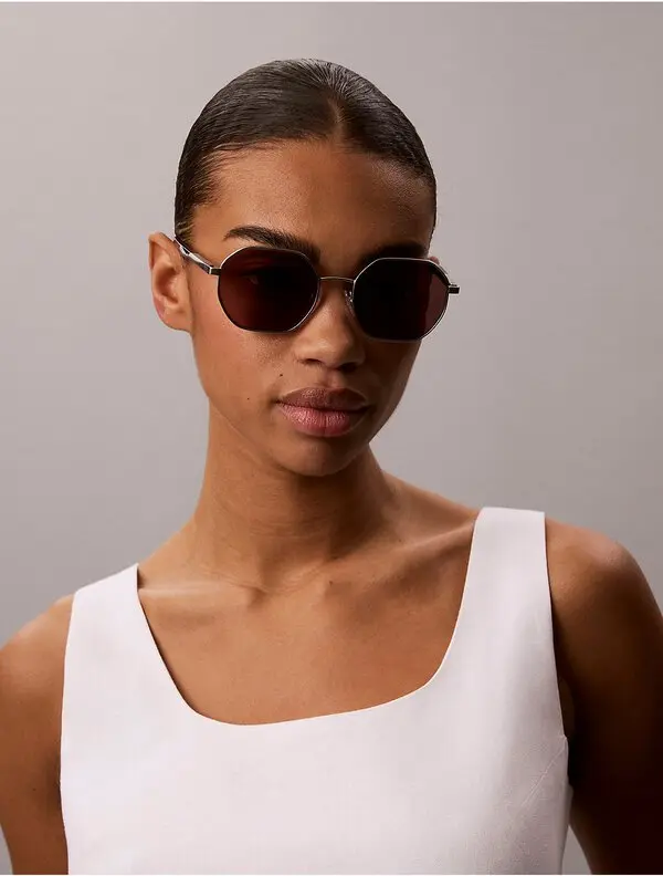 Calvin Klein Metal Modified Octagon Frame Sunglasses - Matte Silver