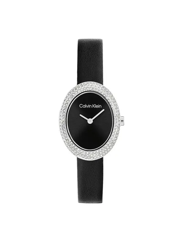 Calvin Klein Oval Dial Leather Strap Watch With Contoured Bezel - Black