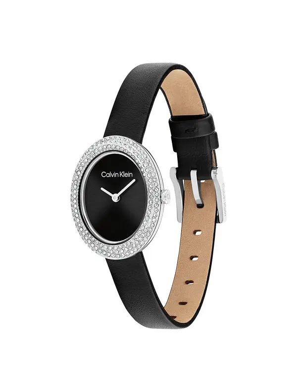 Calvin Klein Oval Dial Leather Strap Watch With Contoured Bezel