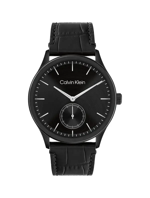 Calvin Klein Brushed Dial Leather Strap Watch - Black
