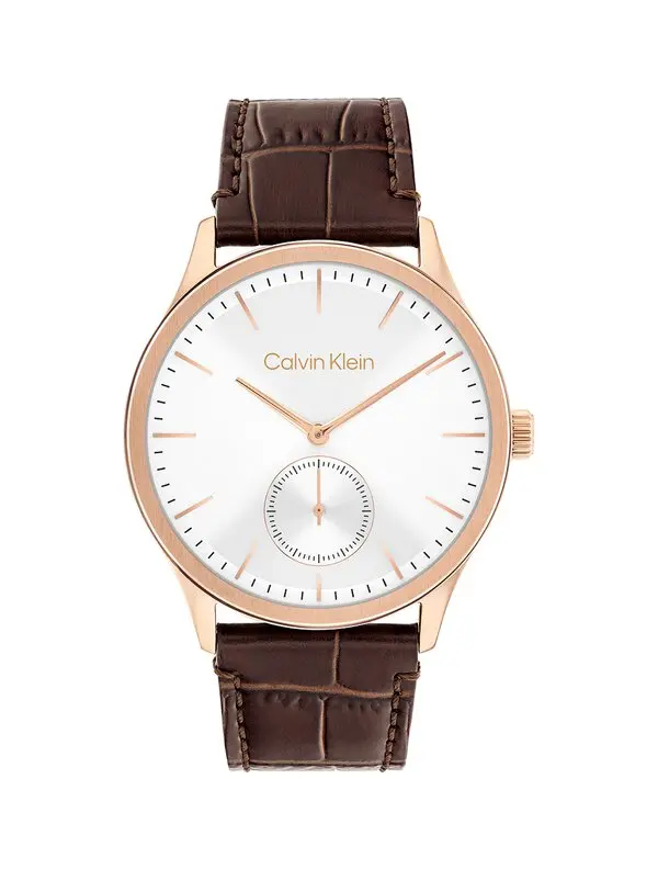 Calvin Klein Brushed Dial Leather Strap Watch - Brown