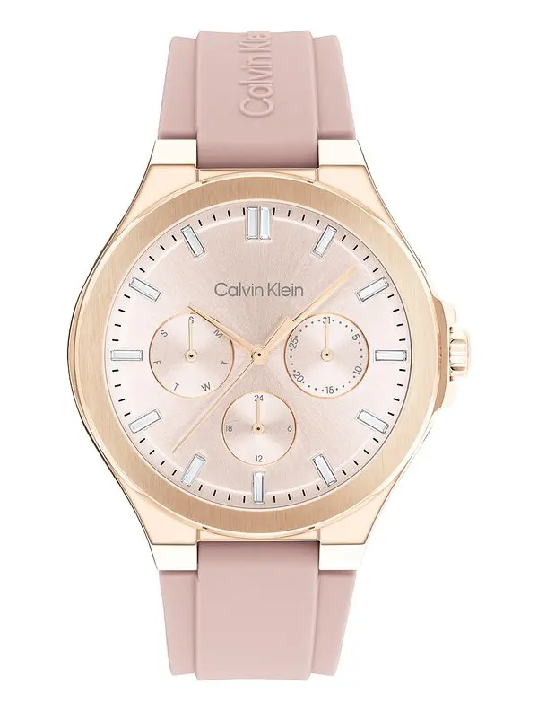Calvin Klein Multifunction Silicone Bracelet Watch With Baguette Crystal Indices - Deco Rose