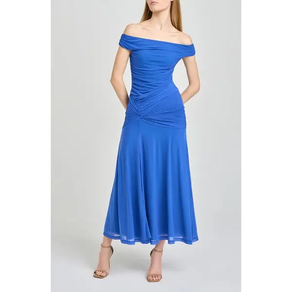 WAYF Margaux Off-the-shoulder Ruched Dress - Blue