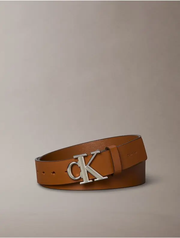 Calvin Klein Monogram Logo Belt - Ck Cognac/pewter