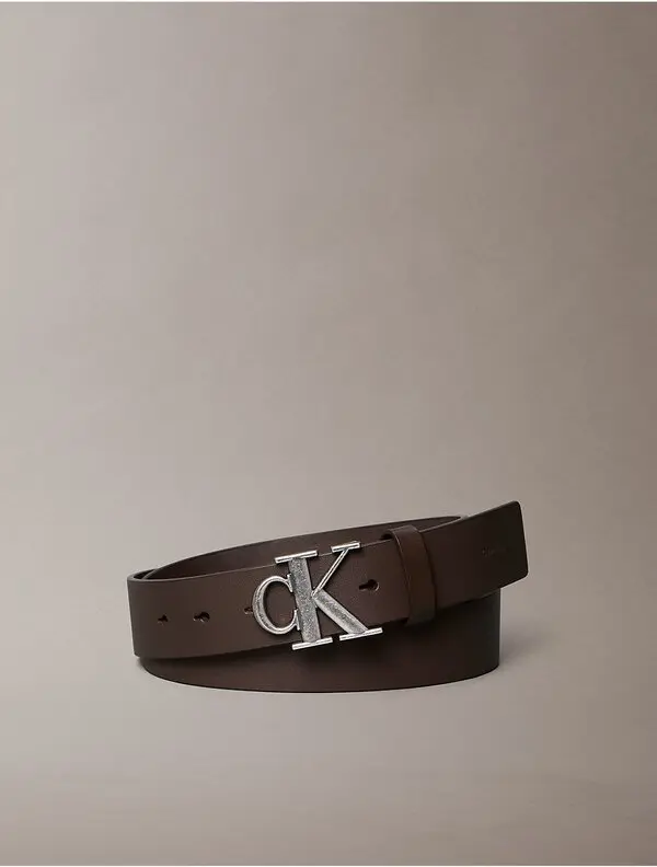 Calvin Klein Monogram Logo Belt - Ck Dark Brown/antique Silver
