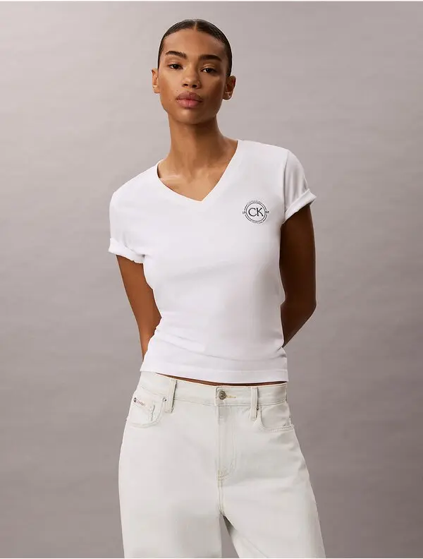 Calvin Klein Embroidered Crest V-neck Tee - Bright White