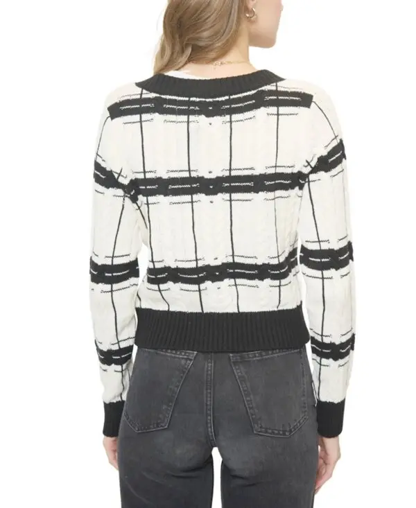 Central Park West Eden" Specialty Stitch Cardigan With Plaid Print - Ivory-multi-stripe