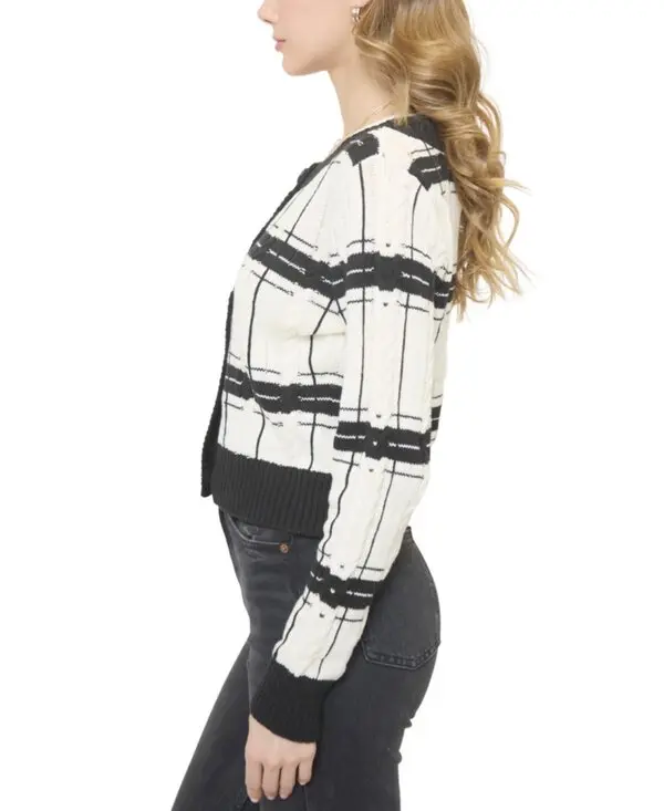 Central Park West Eden" Specialty Stitch Cardigan With Plaid Print - Ivory-multi-stripe