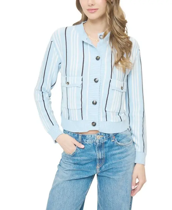 Central Park West Vertical Stripe Pocket Cardigan - Light Blue