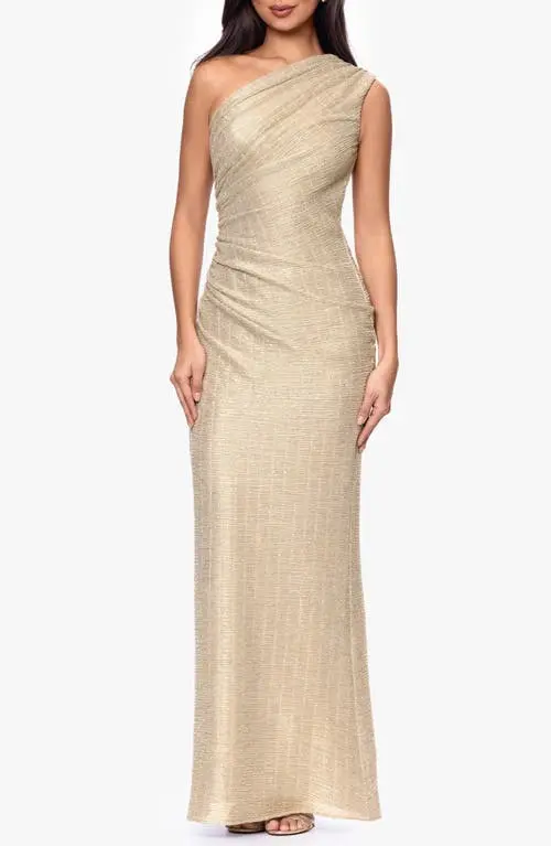 Betsy & Adam Metallic One-shoulder Gown
