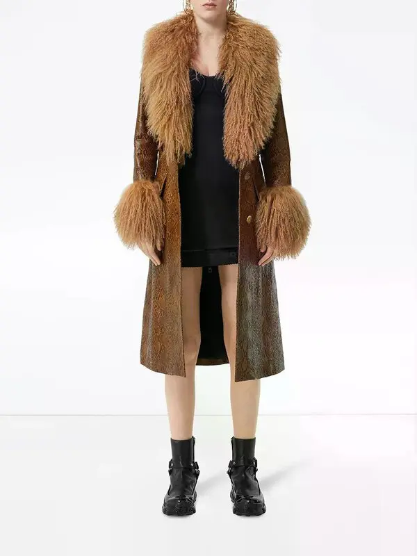 Burberry Python Print Leather Jacket With Fur Trim