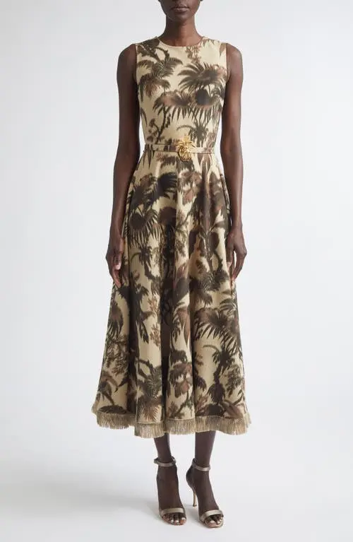 Oscar De La Renta Chiné Palm Leaves Print Sleeveless Dress - Espresso/ivory