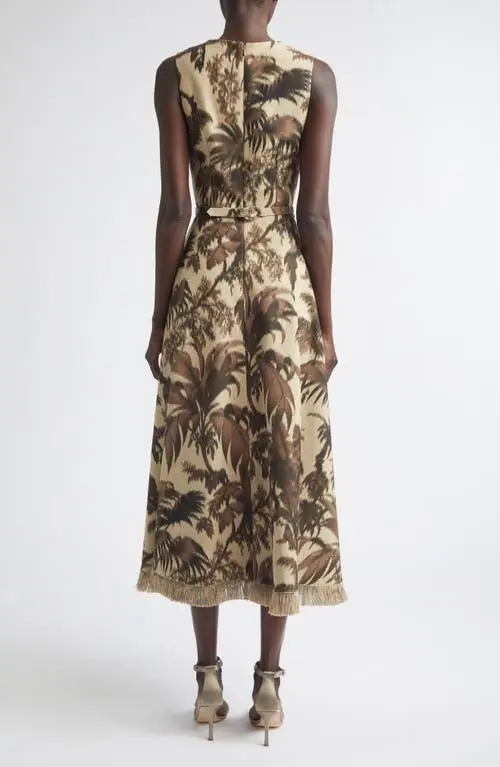 Oscar De La Renta Chiné Palm Leaves Print Sleeveless Dress - Espresso/ivory