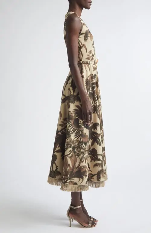 Oscar De La Renta Chiné Palm Leaves Print Sleeveless Dress - Espresso/ivory