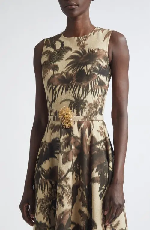 Oscar De La Renta Chiné Palm Leaves Print Sleeveless Dress - Espresso/ivory