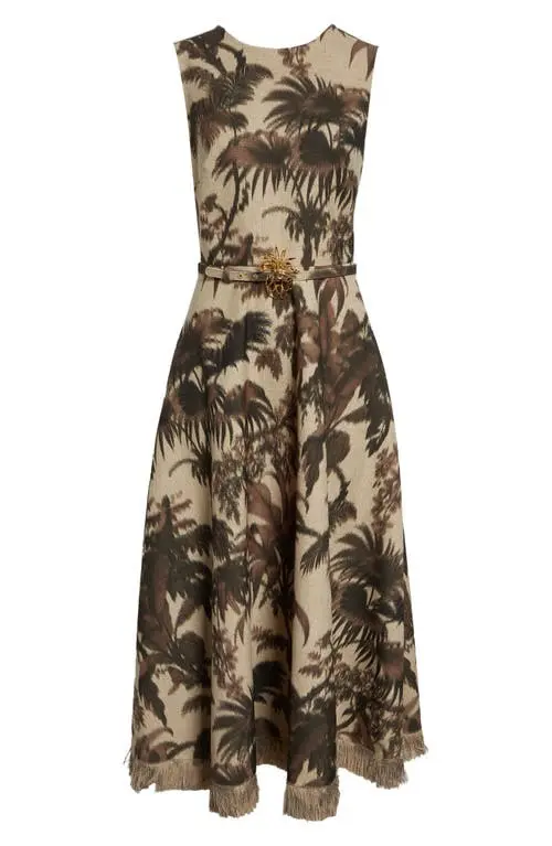 Oscar De La Renta Chiné Palm Leaves Print Sleeveless Dress - Espresso/ivory
