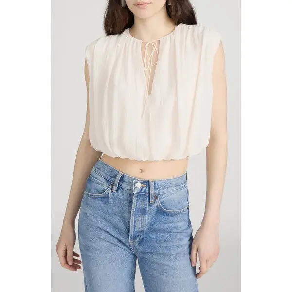 FRAME The Wave Tie Neck Silk Top - Cream