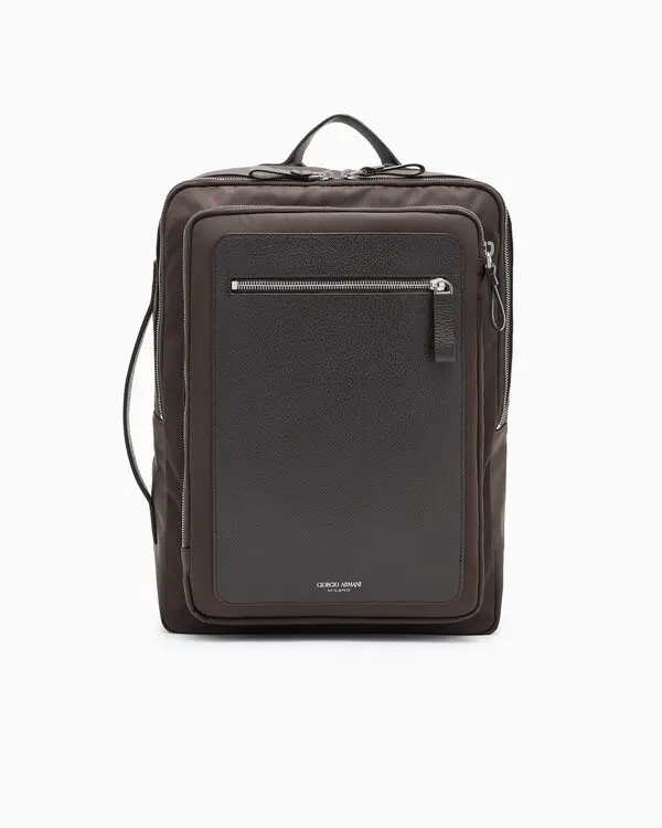 Giorgio Armani Nylon And Pebbled Leather Backpack - Brown