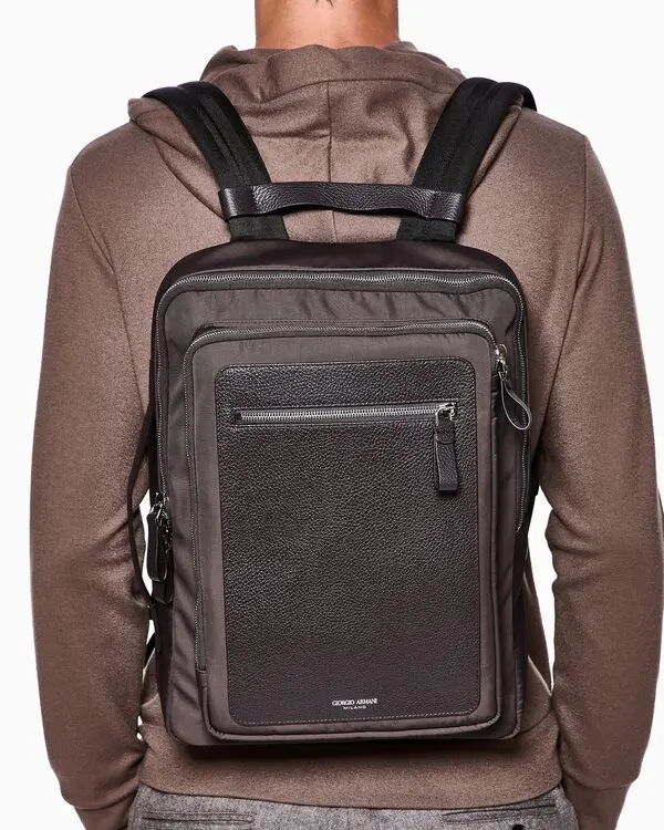 Giorgio Armani Nylon And Pebbled Leather Backpack - Brown