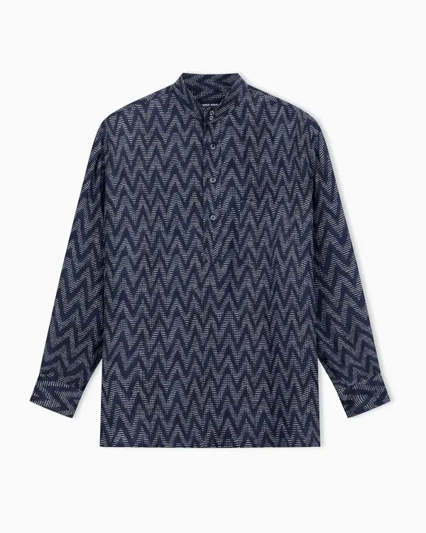 Giorgio Armani Chevron-print Viscose And Silk Polo Shirt - Navy Blue