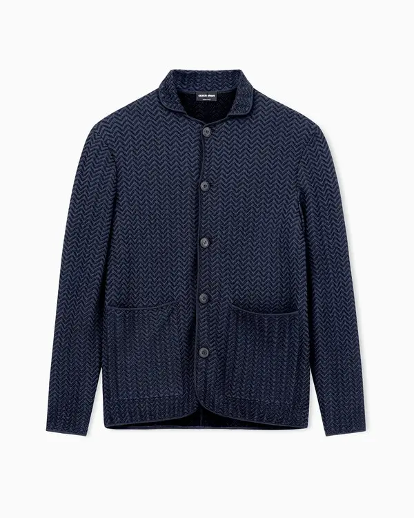 Giorgio Armani Viscose-blend Chevron Ottoman Single-breasted Jacket - Navy Blue