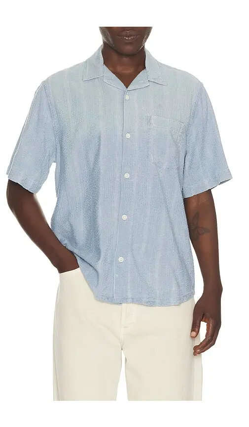 CORRIDOR Striped Seersucker Short Sleeve Shirt In Blue - Indigo