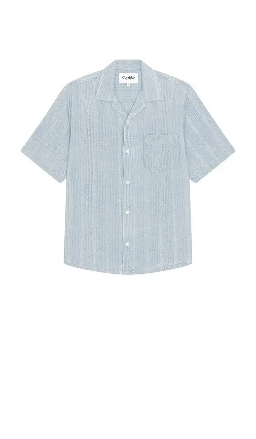 CORRIDOR Striped Seersucker Short Sleeve Shirt In Blue - Indigo