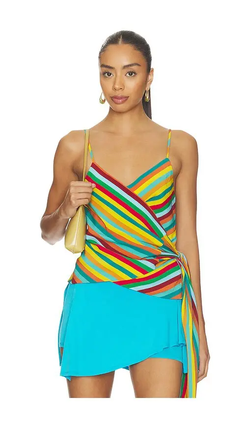 SIMONMILLER Marlowe Crepe Tie Tank Top In Teal,mustard - Vibrant Multi Stripe