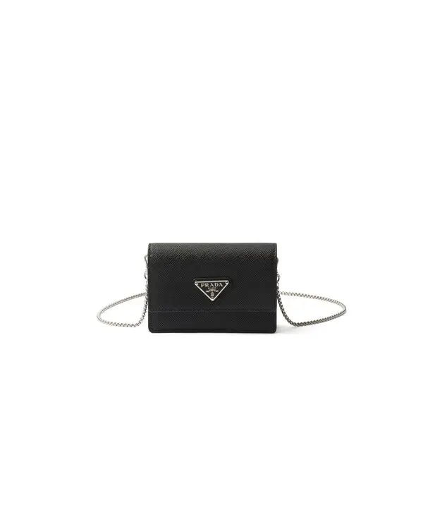 Prada Saffiano Leather Card Holder With Shoulder Strap - Black