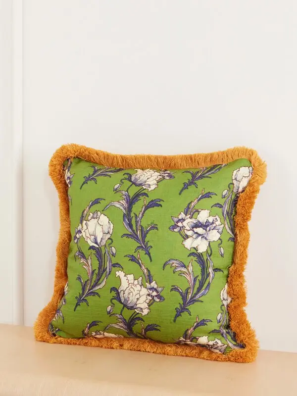 La DoubleJ Floral-printed Fringed-trimmed Cushion - Green