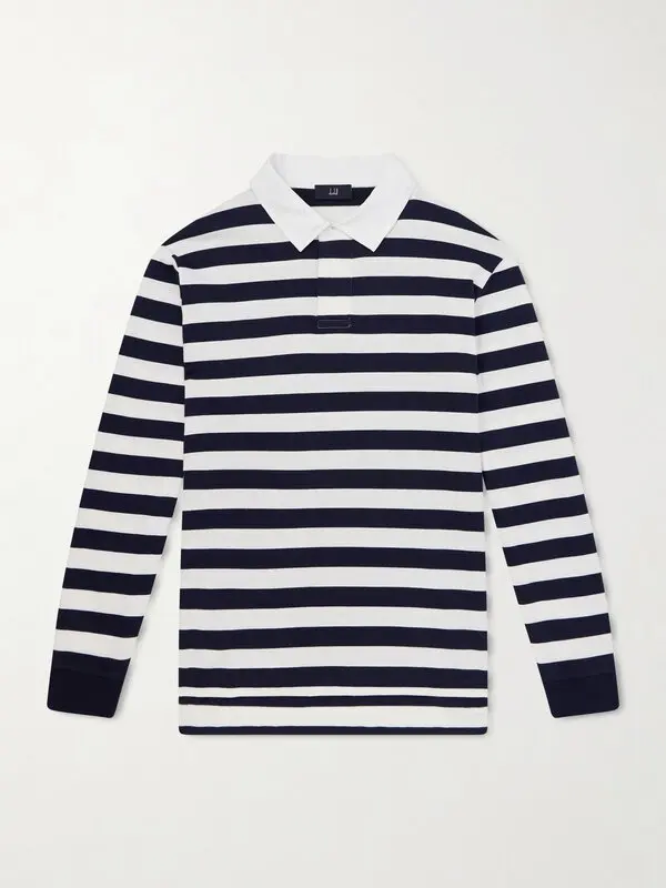 Dunhill Striped Cotton And Cashmere Polo Shirt - Blue