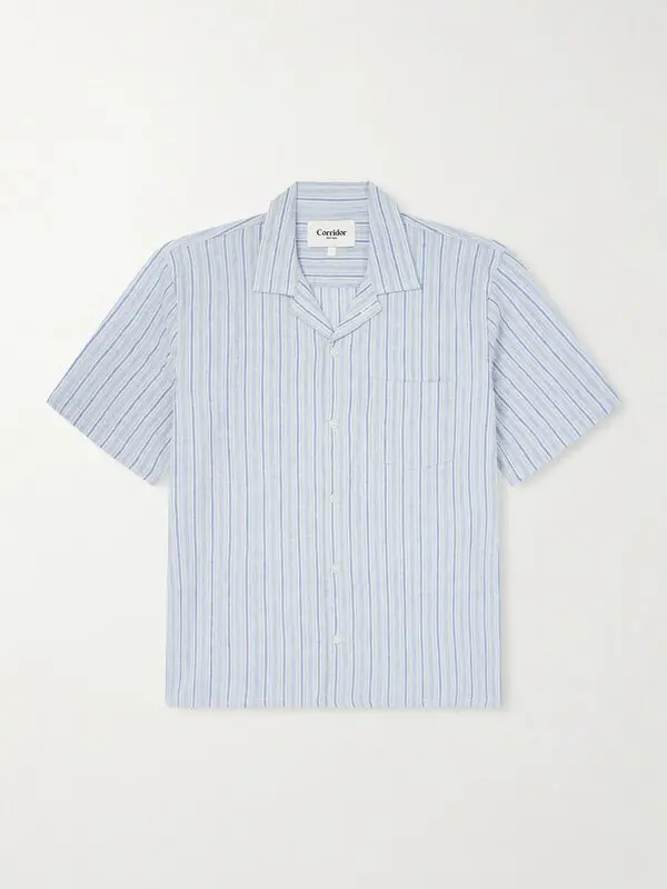CORRIDOR Convertible-collar Striped Cotton And Linen-blend Shirt - Blue
