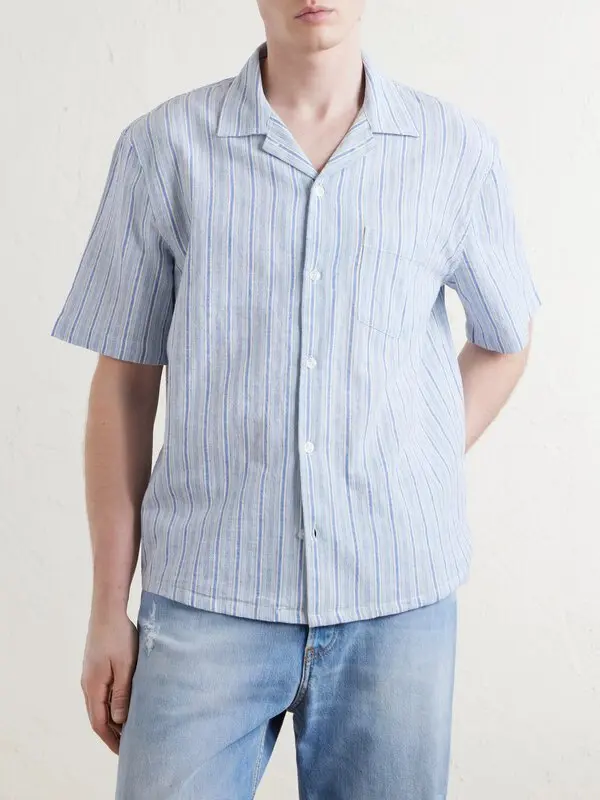 CORRIDOR Convertible-collar Striped Cotton And Linen-blend Shirt - Blue