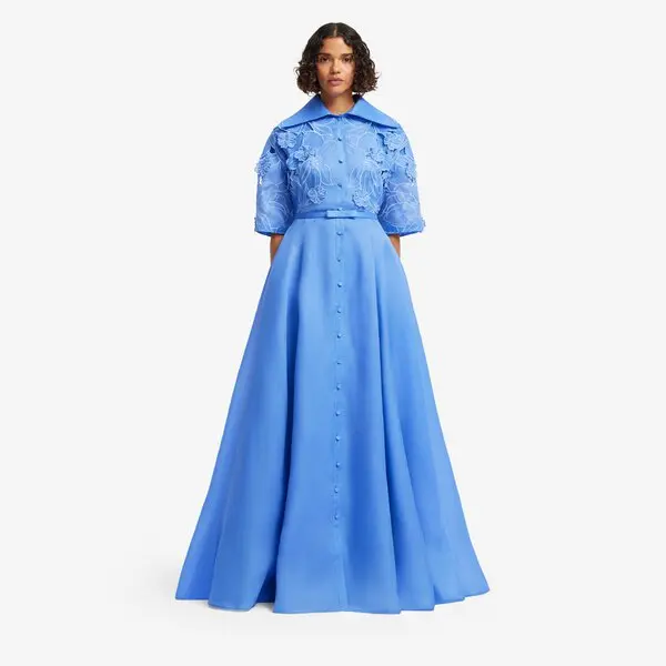 LEO LIN Junia Appliqué Puff Sleeve Silk Gown