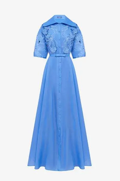 LEO LIN Junia Appliqué Puff Sleeve Silk Gown