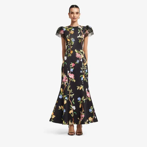 LEO LIN Sofia Embellished Puff Sleeve Maxi Dress - Lemon Vine Print In Ebony