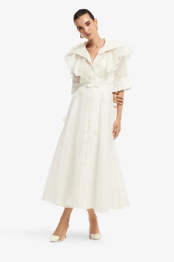 LEO LIN Anya Petal Midi Dress With Floral Appliqu - Snow