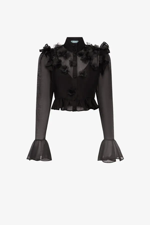 LEO LIN Maeve Petal Butterfly Long Sleeve Top - Ebony