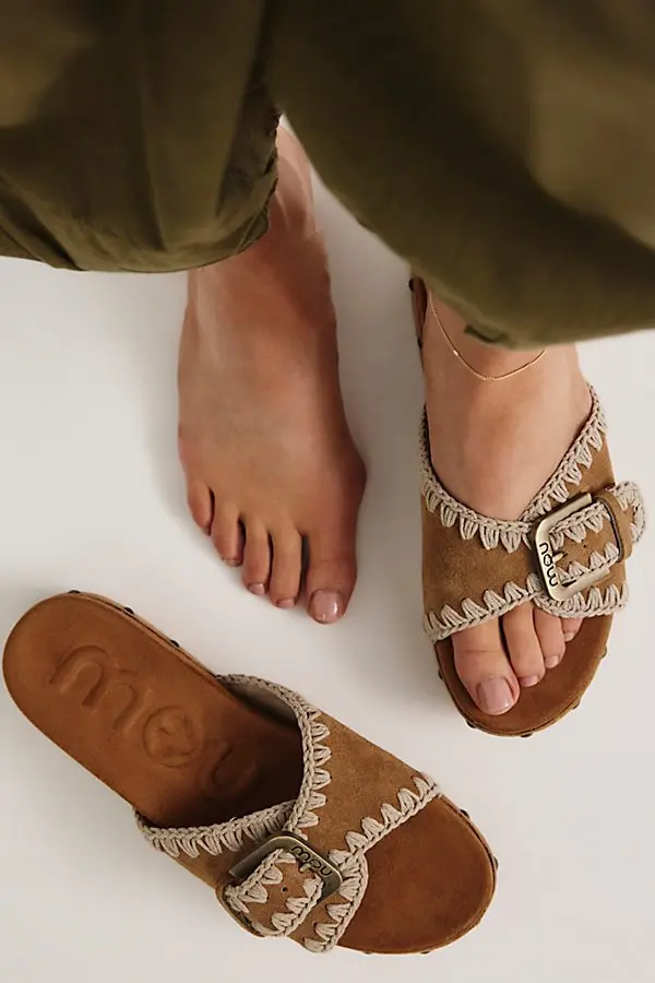 Mou Suede Crochet Stitch Clog Sandals With Buckle Detail