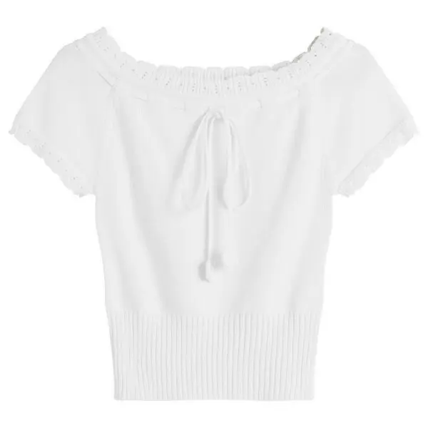 MY MUM MADE IT Lace Knit Off-shoulder Top With Crochet Flower Ties - White