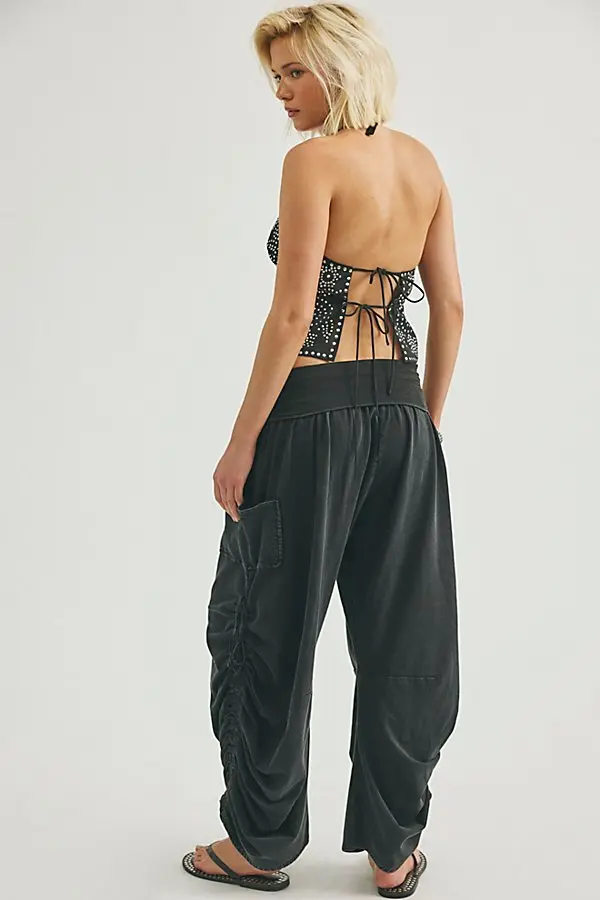 Free People Low-rise Wide-leg Knit Pants With Drawstring Hem