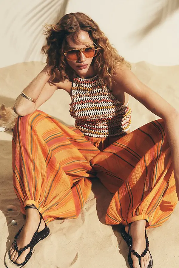 Free People Playa Party Stripe Balloon Pants - Tangerine Combo