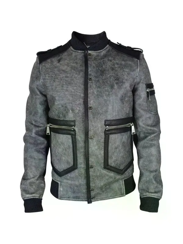 Philipp Plein Leather Jacket With Logo Button Detail