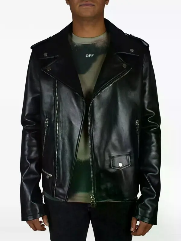 Philipp Plein Asymmetric Zip Leather Biker Jacket