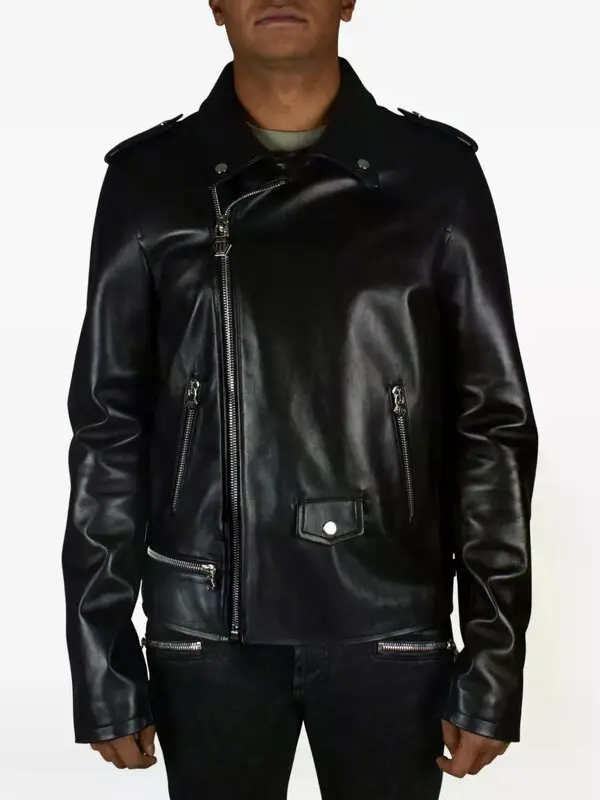 Philipp Plein Asymmetric Zip Leather Biker Jacket