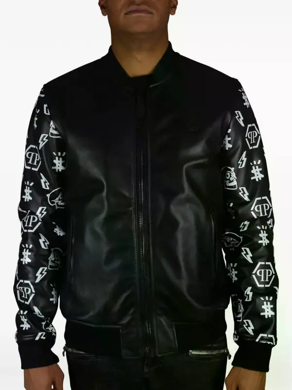 Philipp Plein Leather Bomber Jacket With Graphic Sleeves