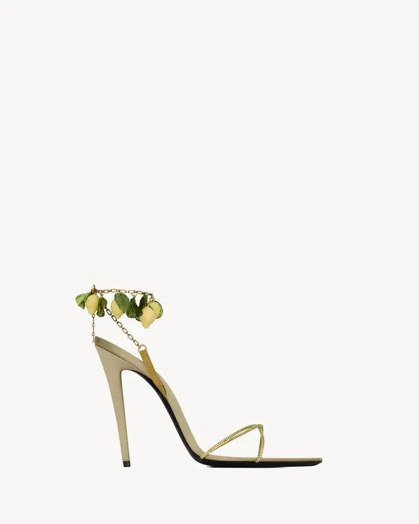 Saint Laurent Suede And Rhinestone Sandals With Lemon Charm Ankle Bracelet - Amande & Yellow