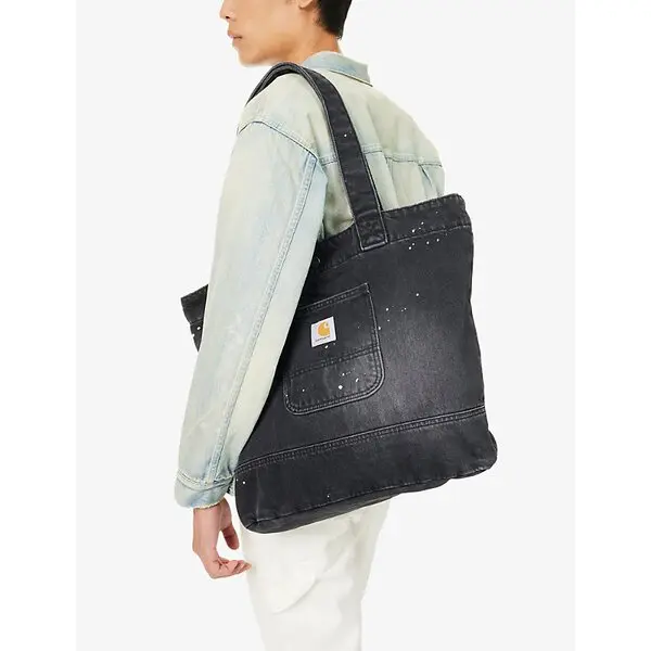 Carhartt Work In Progress Logo Patch Paint Splatter Denim Tote Bag - Black