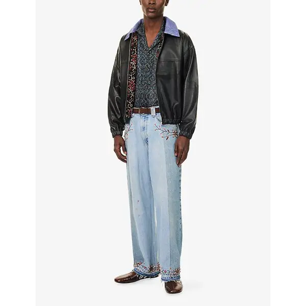 KARTIK RESEARCH Kantha Contrast Collar Leather Jacket