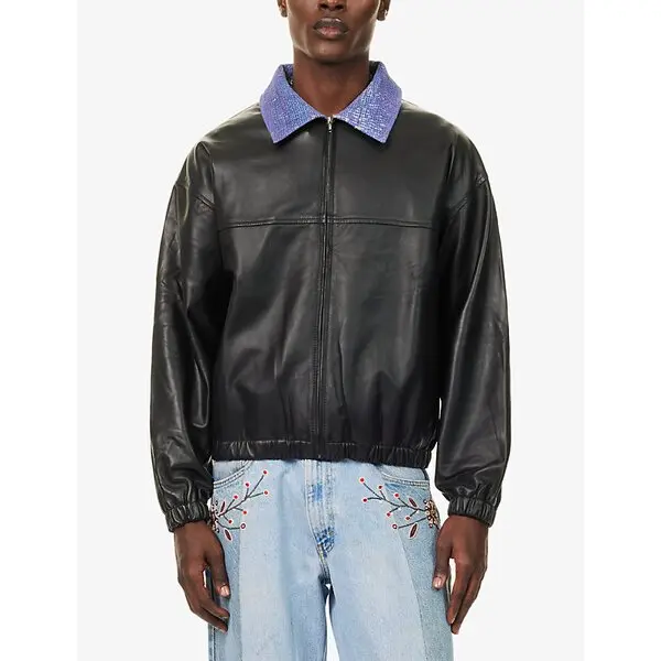 KARTIK RESEARCH Kantha Contrast Collar Leather Jacket